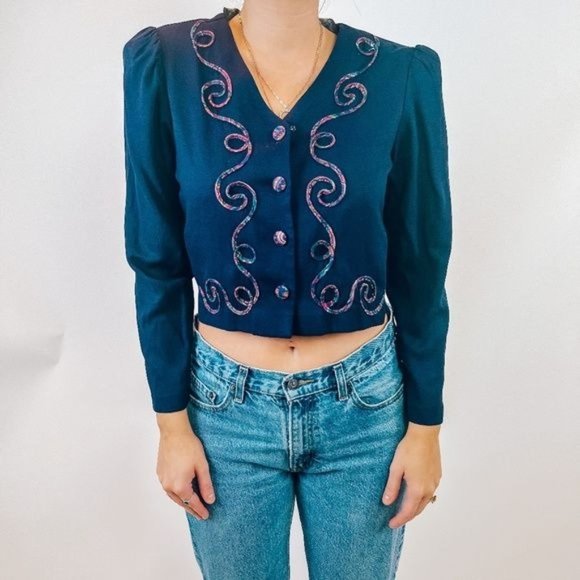 Vintage | Tops | Vintage Cropped Blazer With Funky Colorful Design ...